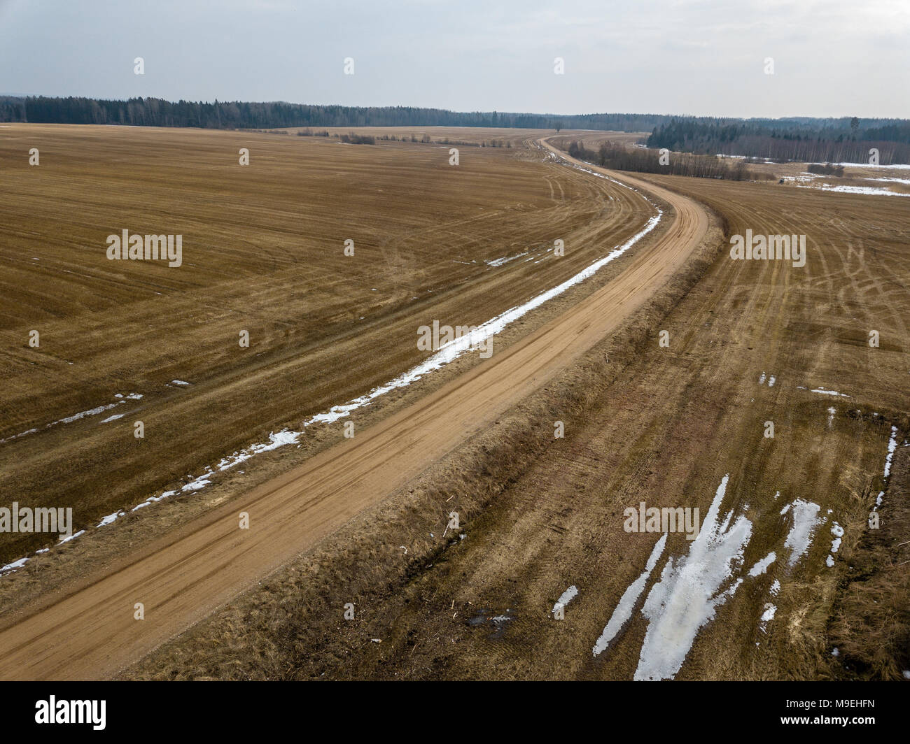 drone image. aerial view of rural area with fields in early spring ...