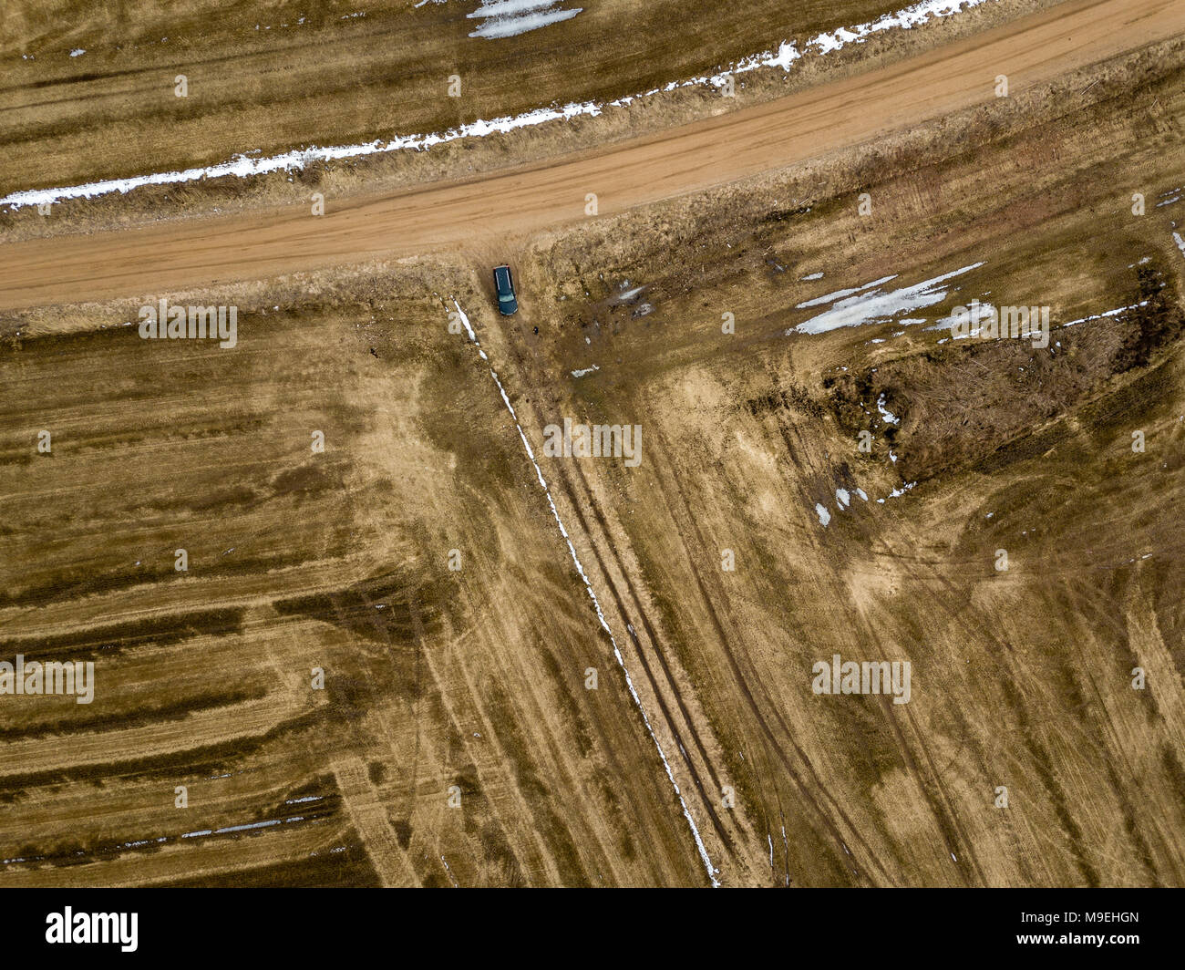 drone image. aerial view of rural area with fields in early spring ...