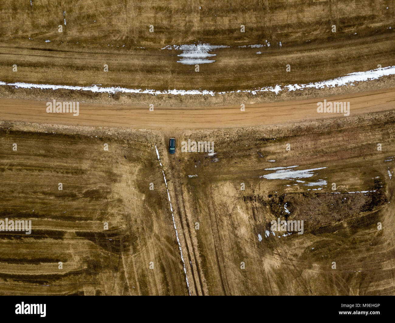 drone image. aerial view of rural area with fields in early spring ...