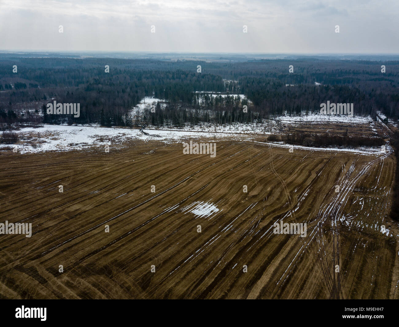 drone image. aerial view of rural area with fields in early spring ...