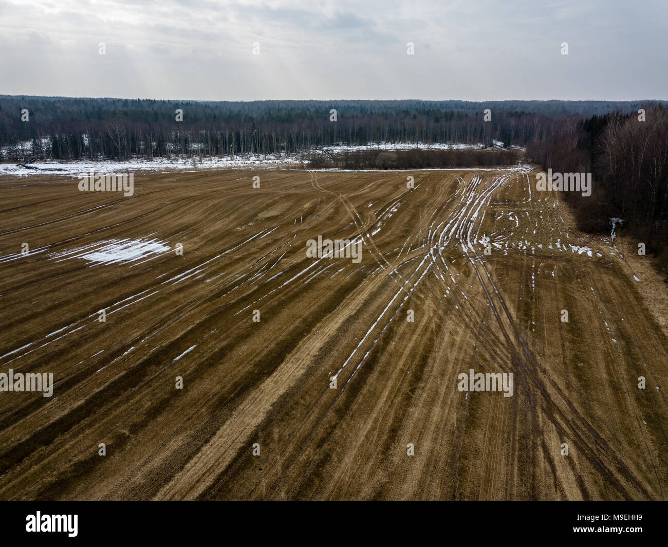 drone image. aerial view of rural area with fields in early spring ...