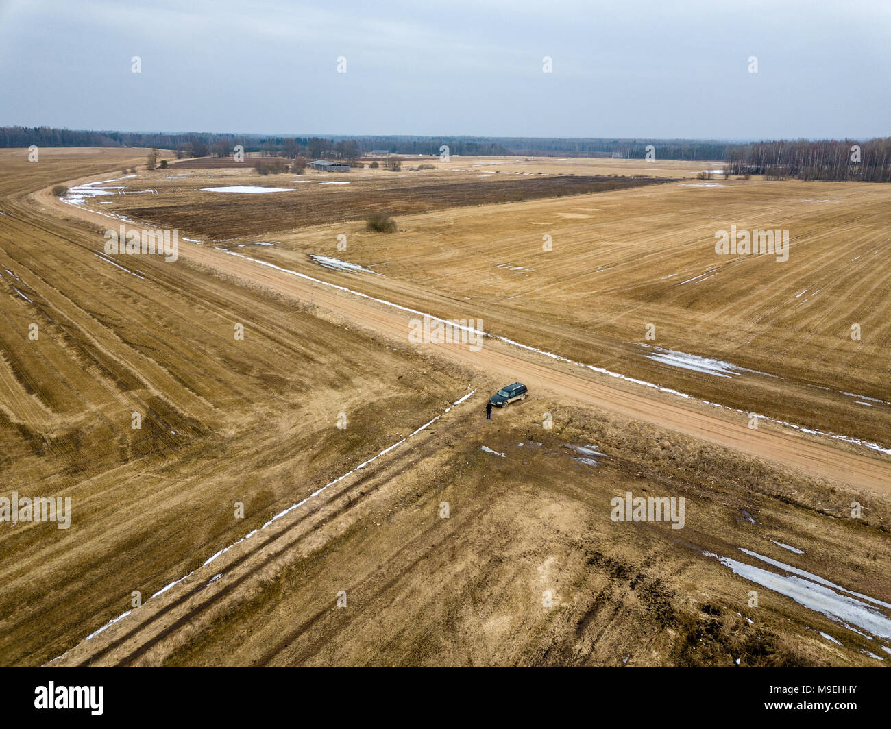drone image. aerial view of rural area with fields in early spring ...