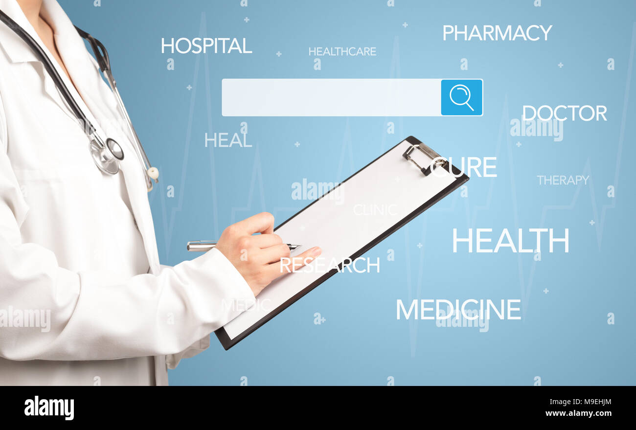 Female doctor holding notepad with blue background and search bar with ...