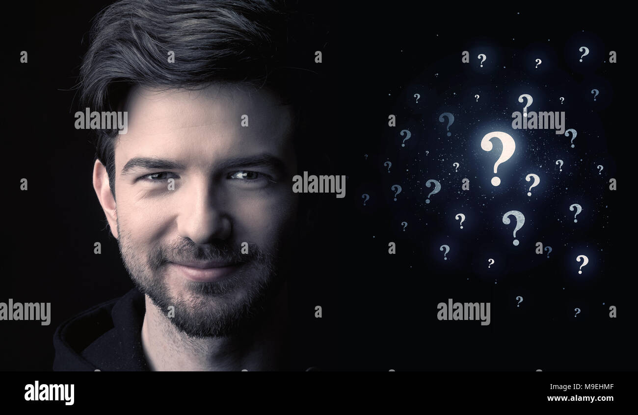 businessman with many question mark near him Stock Photo - Alamy