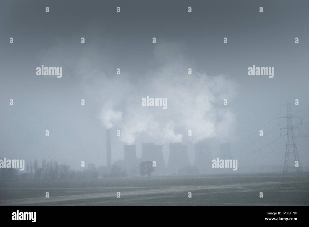 Snowy fields surround a grim looking Eggborough Power Station on a drab ...