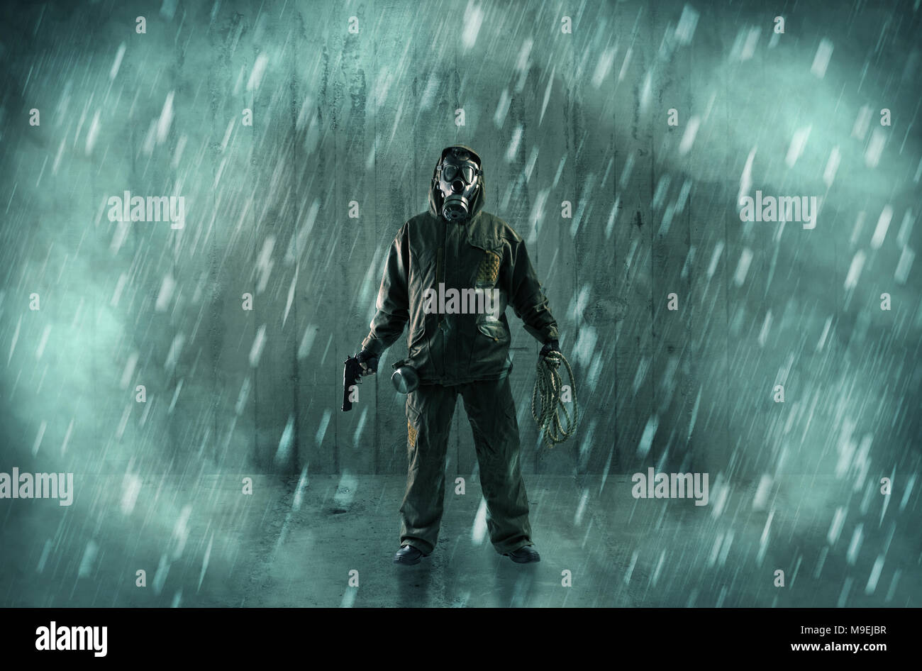 Dreadful dangerous man with wood, shanty wallpaper and fume around ...