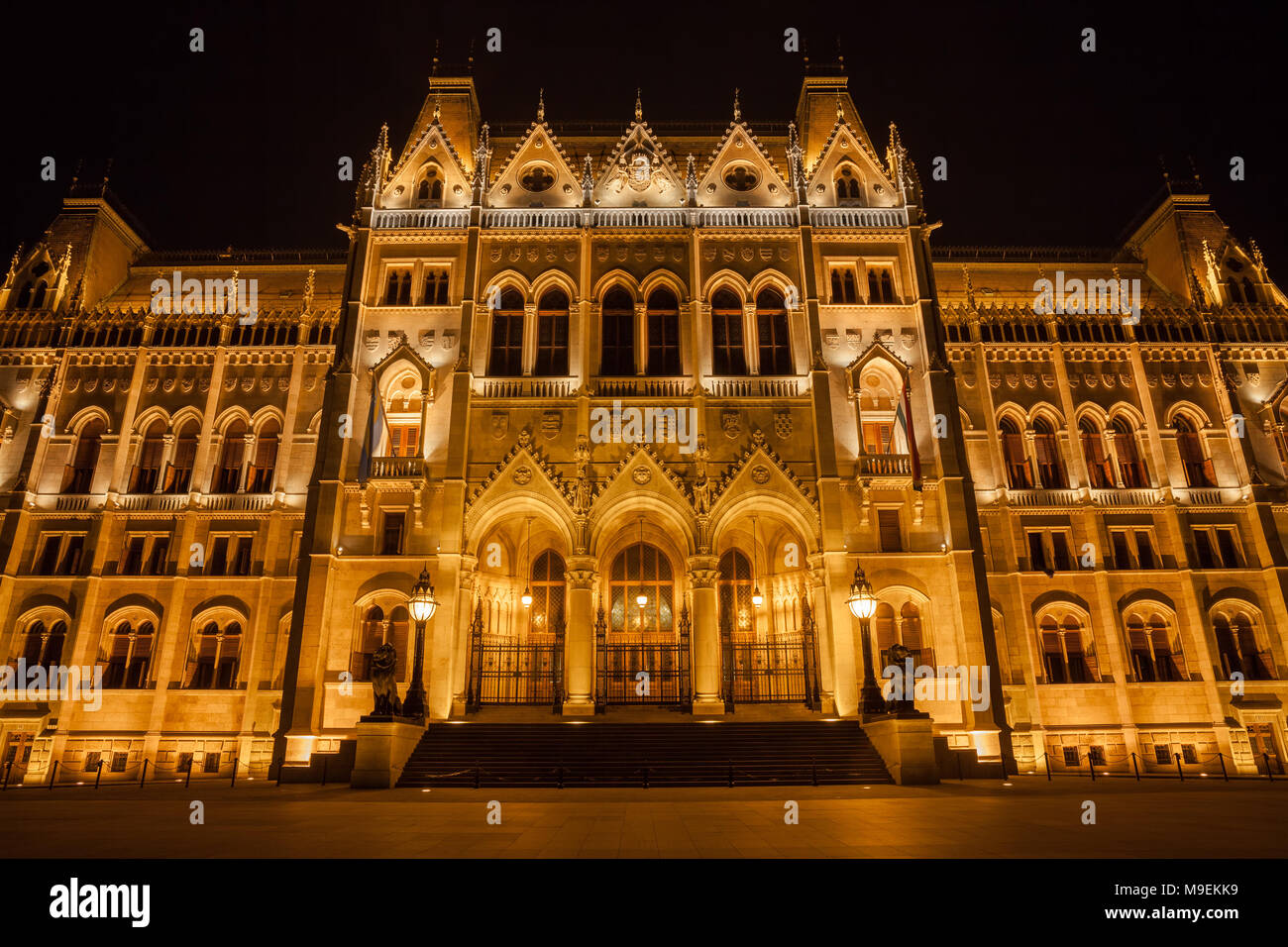 Hungarian Parliament Building illuminated at night in Hungary, Gothic ...