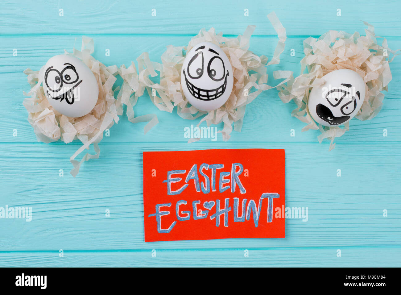 Faces drawn on eggs. Eggs with different facial expressions. Easter egg ...