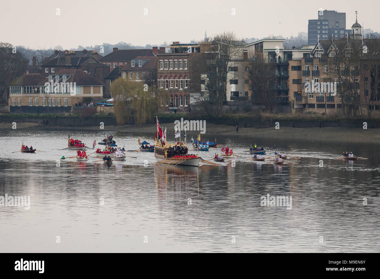 London, UK. 24th March 2018. Gloriana, the Queen's row barge, escorted ...