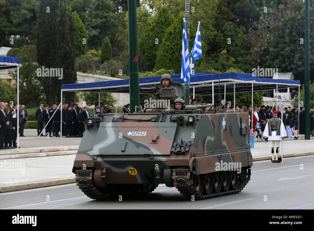 Athens, Greece. 25th Mar, 2018. A Greek army tank drives past the Greek ...