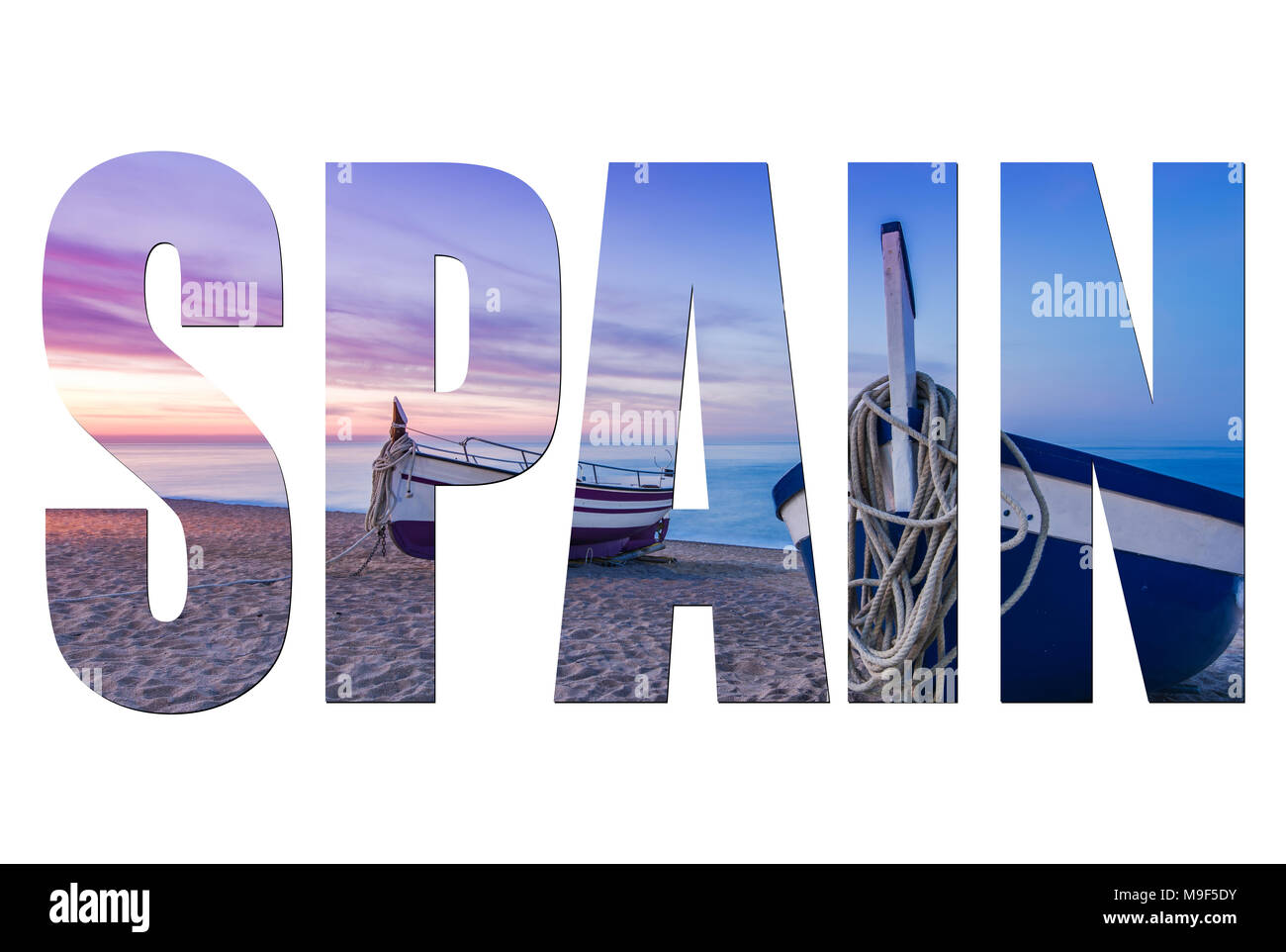 Spain letters isolated with image, boats on beach post card Stock Photo ...