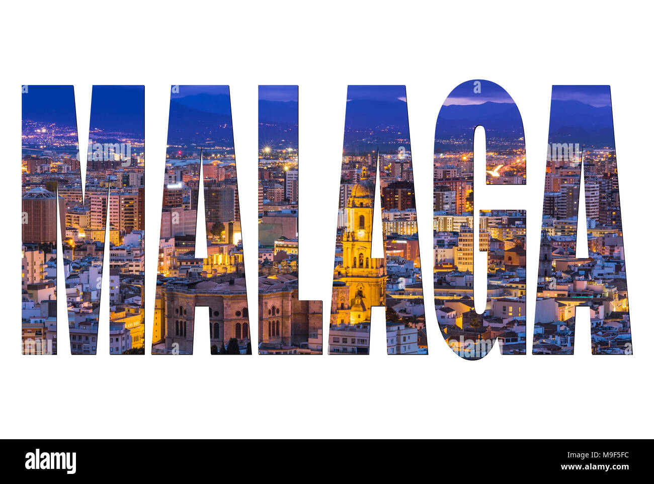 Malaga letters isolated, post card template mock up Stock Photo - Alamy
