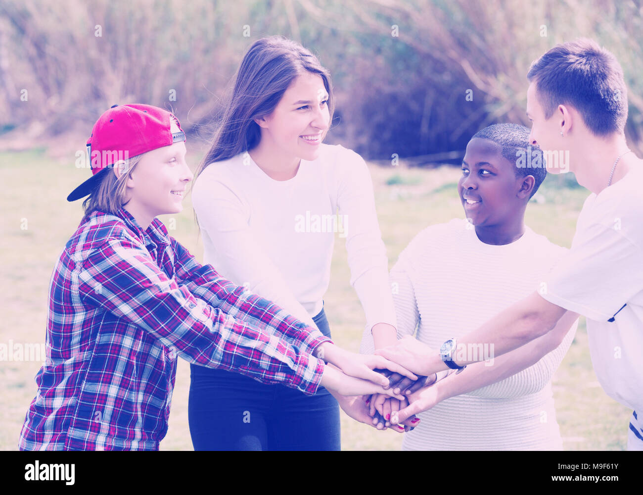 Portrait of happy four friends on countryside field in sunny day Stock ...