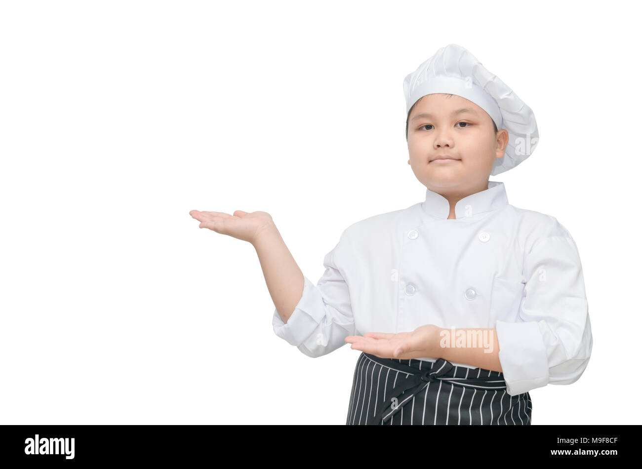 Fat boy chef showing and presenting. child chef isolated on white ...