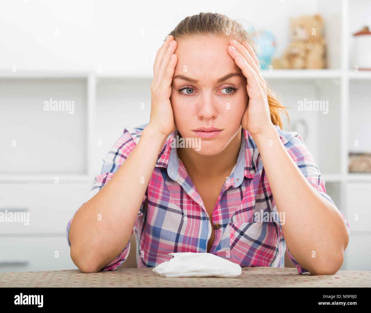 girl with chestnut hair in trouble with handkerchief crying Stock Photo ...