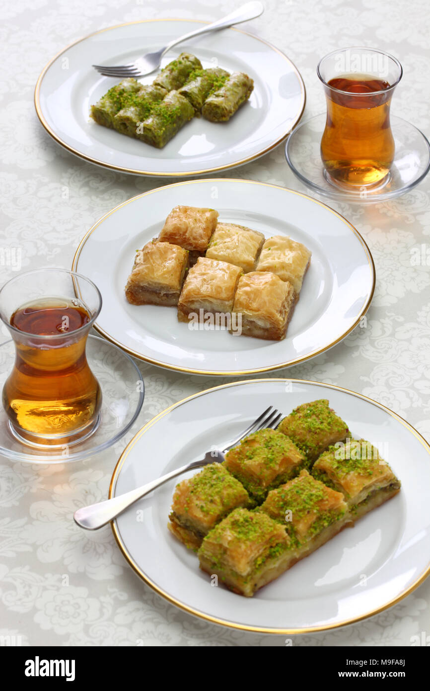 turkish traditional desserts, baklava variations & tea Stock Photo - Alamy
