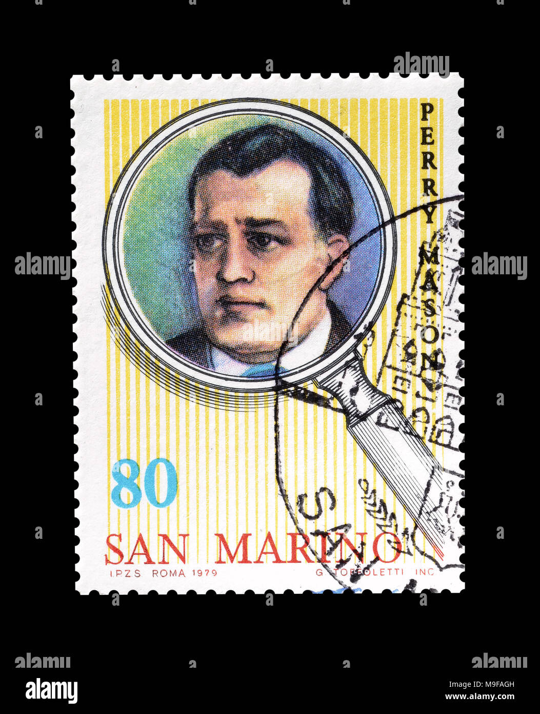 Cancelled postage stamp printed by San Marino, that shows detective ...