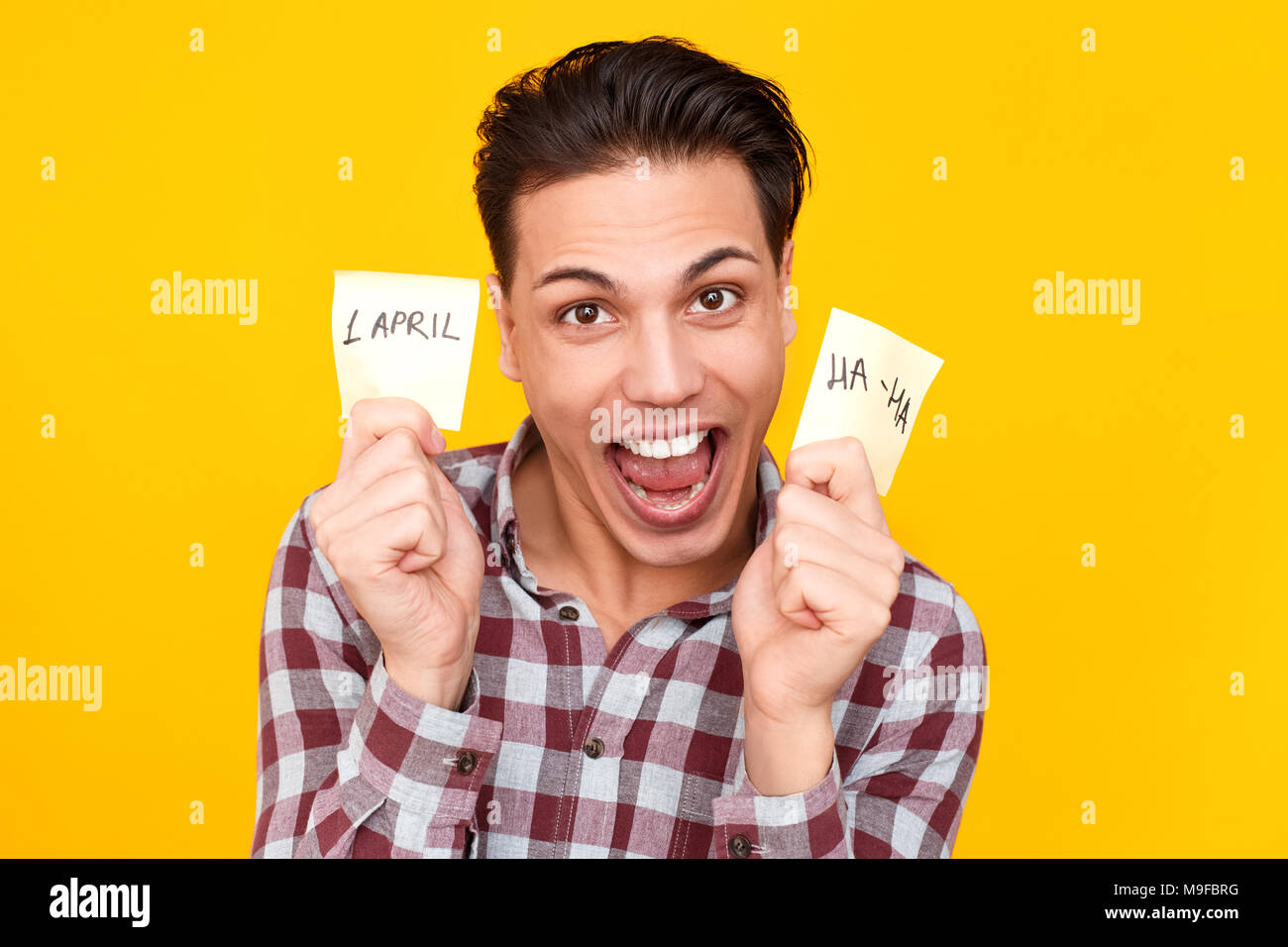 Happiness man showing stickers laugh and toothy smile. Fool's day ...