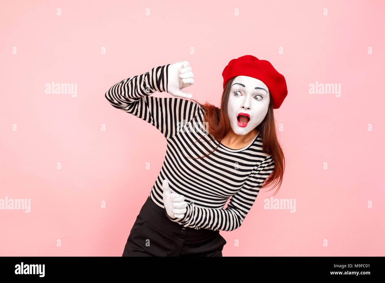 No way! Shocked woman with surprised face look away. Clown, artist ...