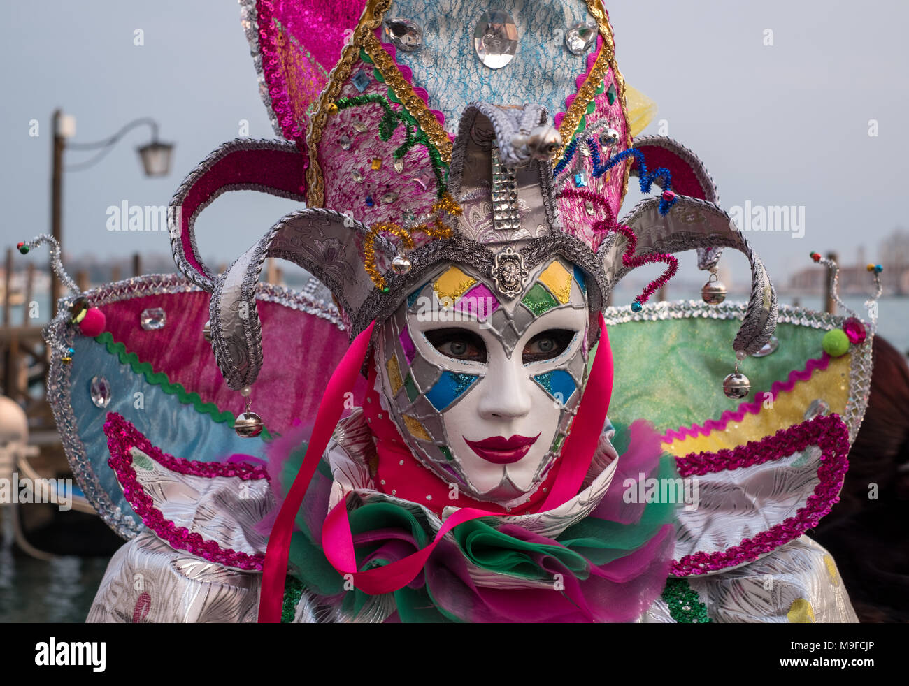 Carnival-goer in costume standing with back to the Grand Canal, with ...
