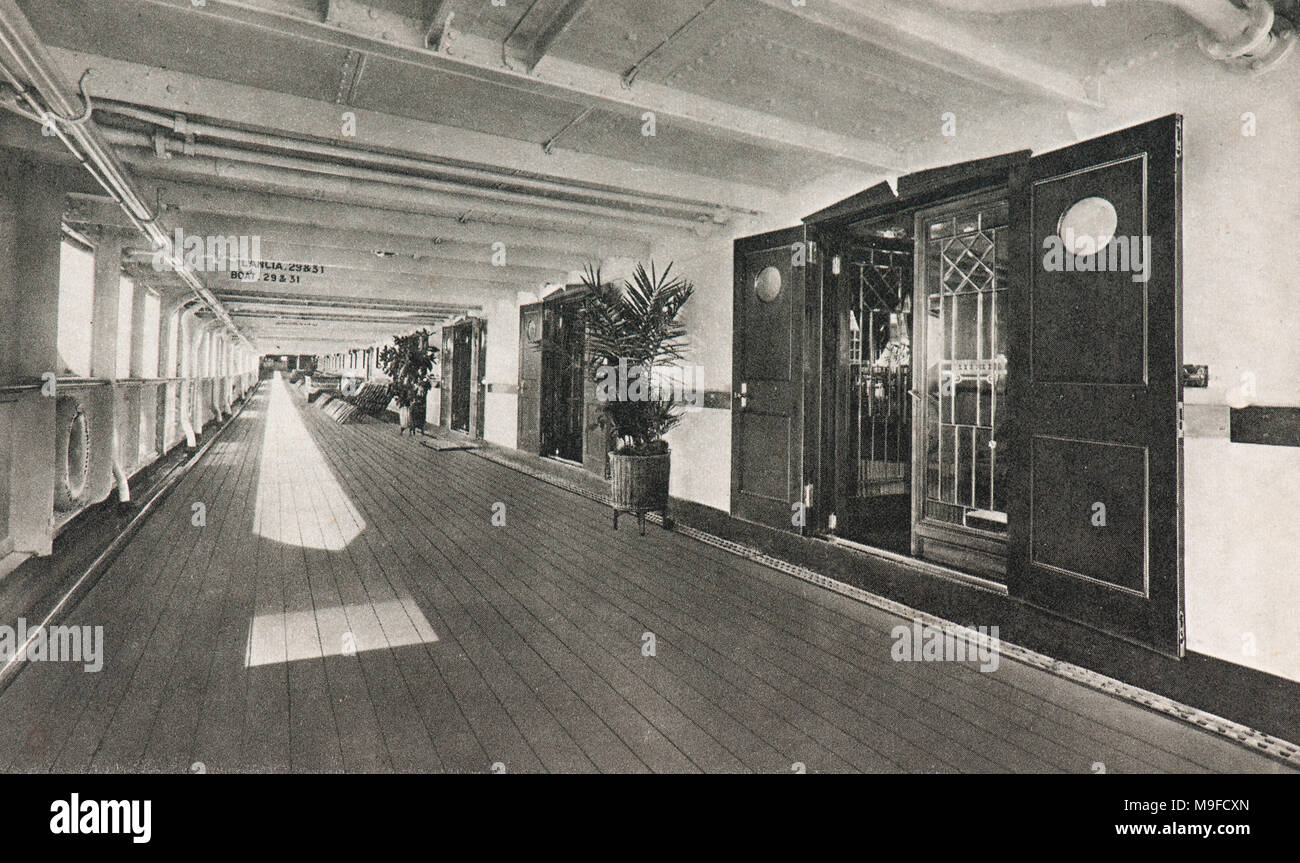 The promenade deck of Italian ship, Conte Biancamano (1930s Stock Photo ...