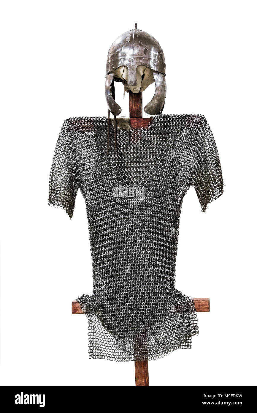 ancient chain armor and helmet isolated on white background Stock Photo ...