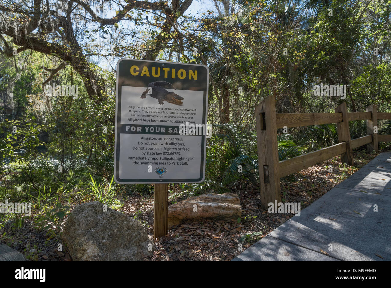 Alligator safety caution sign posted at Fanning Springs State Park ...