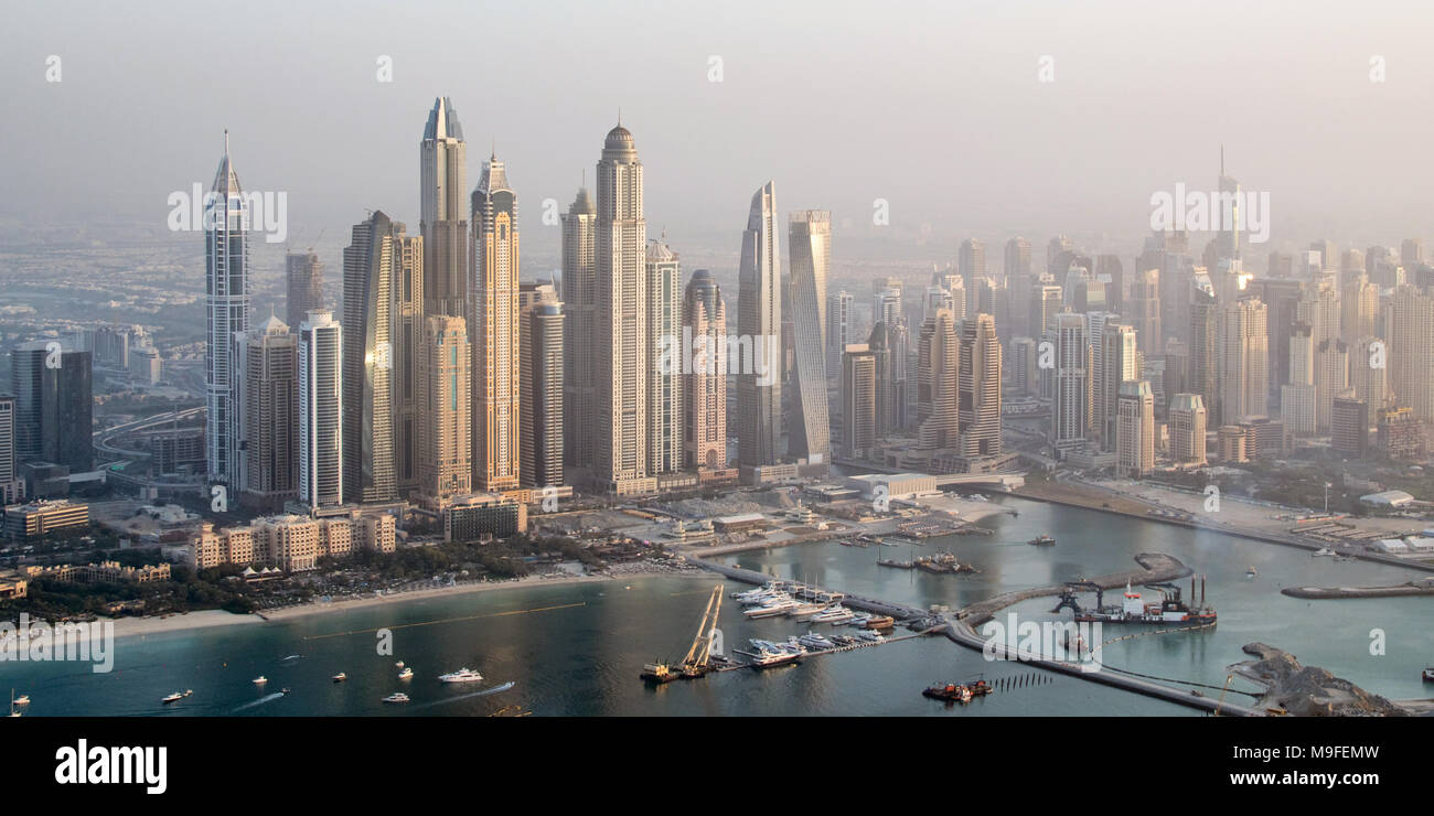 Aerial view of Dubai marina skyline with tallest buildings, United Arab ...