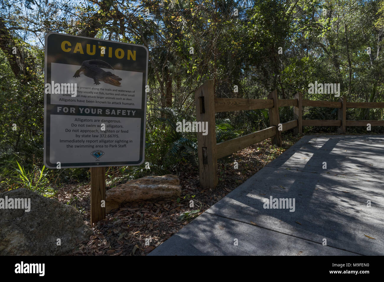 Alligator safety caution sign posted at Fanning Springs State Park ...