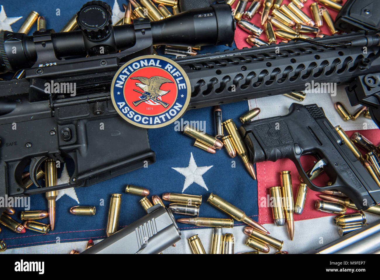 Winneconne, WI - 15 March 2018: A NRA sticker with an AR-15, ammunition ...