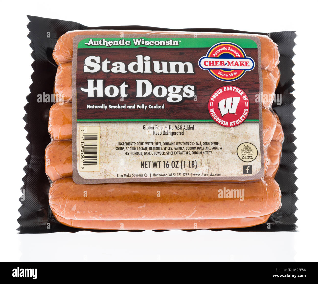 Winneconne, WI - 21 March 2018: A package of Cher-make stadium hot dogs ...