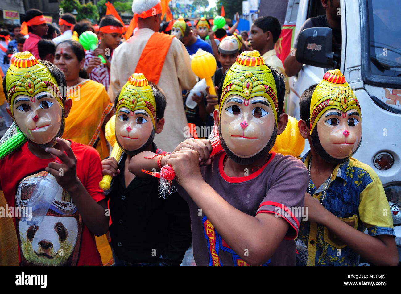 Kolkata, India. 25th Mar, 2018. Hindu Children in Lord Hanuman mask ...