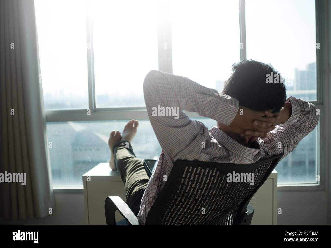 Man smiling relaxing and enjoying sky the window man keeping eyes ...
