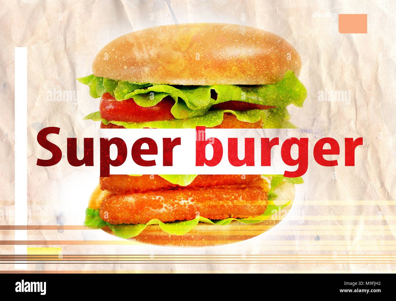 Photo of a macro bright advertising poster with a burger of fish on a ...