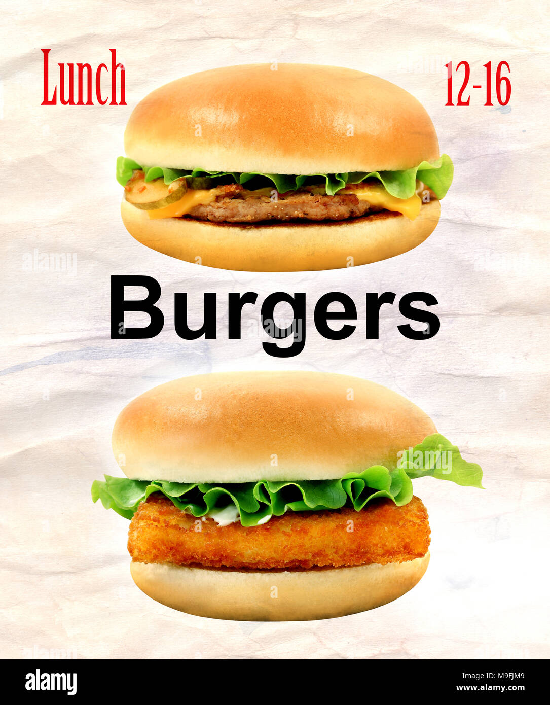 Photo of a macro bright advertising poster with a burgers of fish on a ...