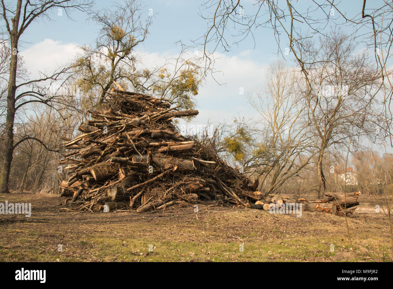 Stacked logs and branches for a gigantic Easter fire Stock Photo - Alamy