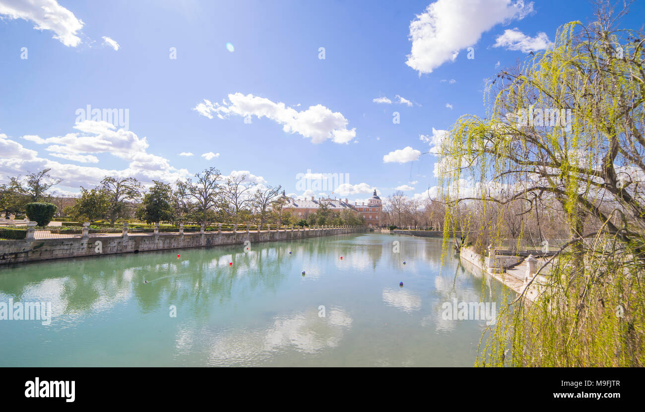 Tourism, The Tajo River next to the Palace of Aranjuez. waterfalls with ...