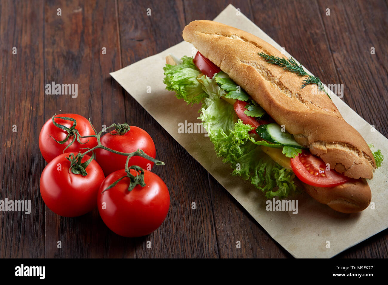 Fresh and tasty submarine sandwich with cheese, lettuce and vegetables ...