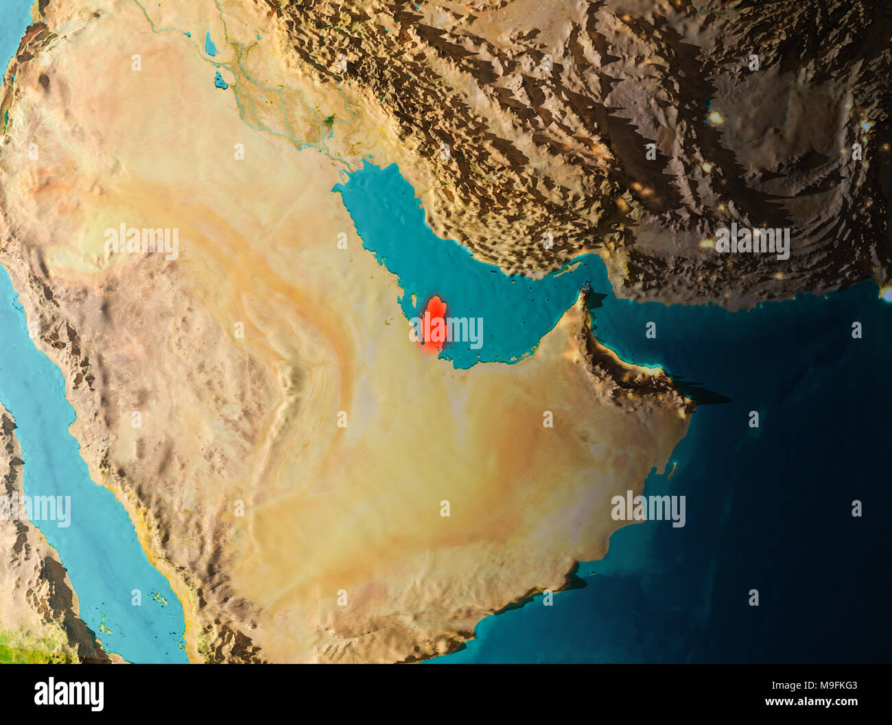 Qatar in early morning light highlighted in red on planet Earth. 3D ...