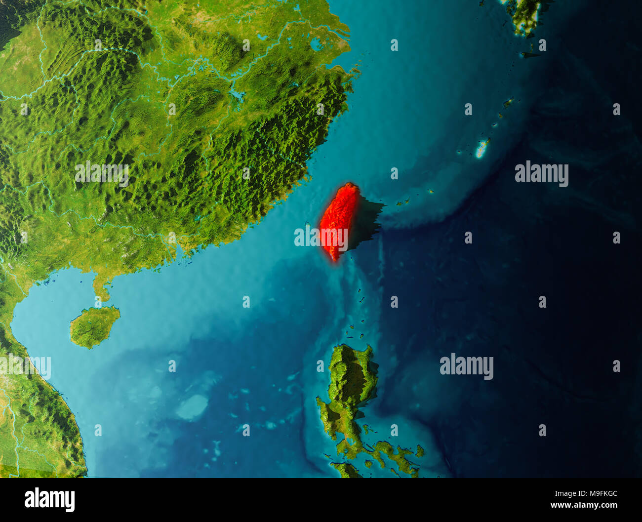 Taiwan in early morning light highlighted in red on planet Earth. 3D ...