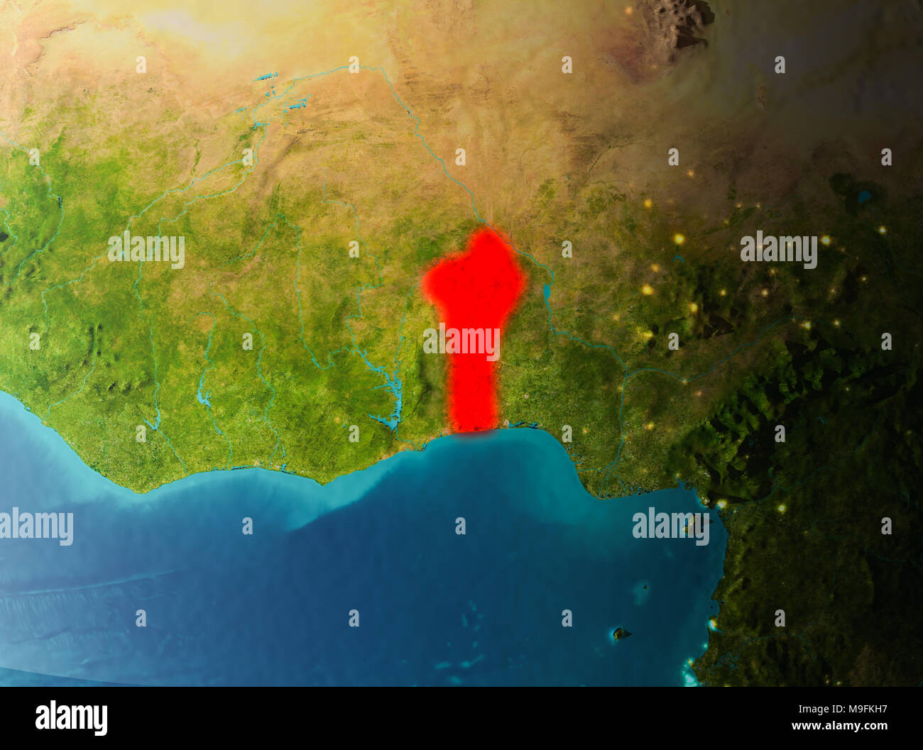 Benin in early morning light highlighted in red on planet Earth. 3D ...