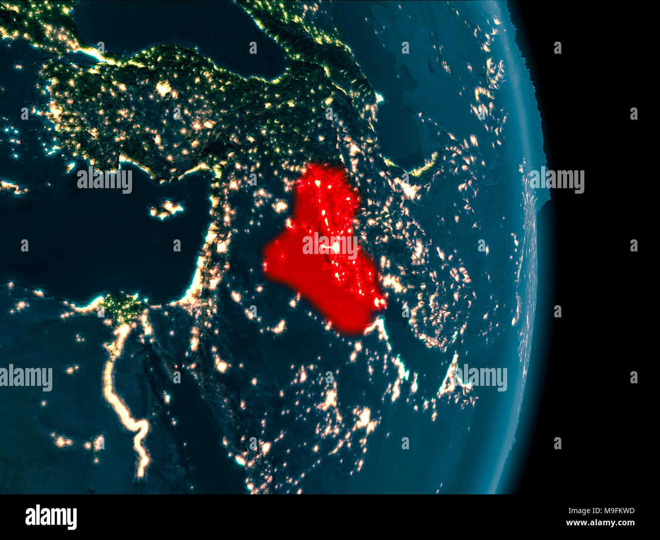 Illustration of Iraq as seen from Earth’s orbit at night. 3D ...