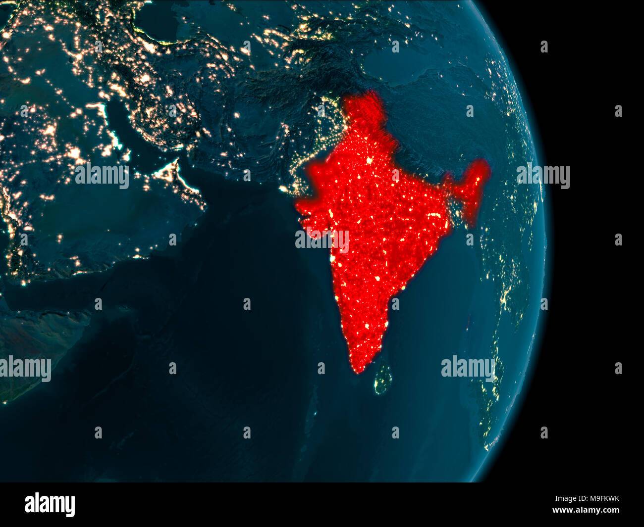 Illustration of India as seen from Earth’s orbit at night. 3D ...