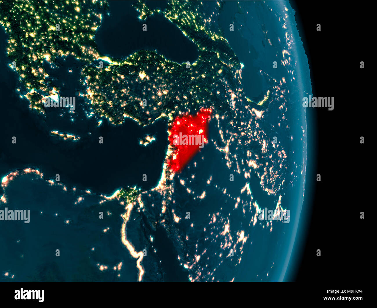 Illustration of Syria as seen from Earth’s orbit at night. 3D ...