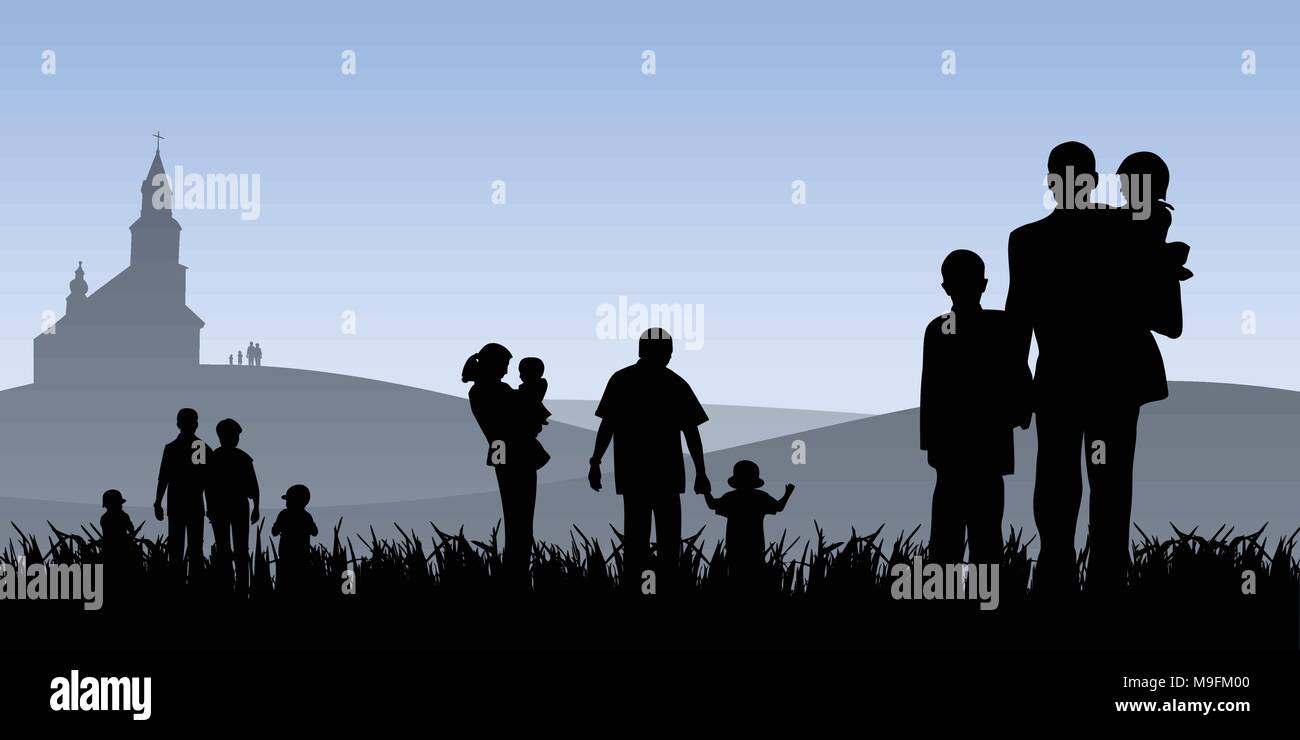 young people with children going to church vector illustration Stock ...