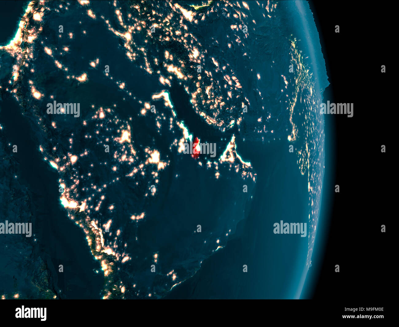 Illustration of Qatar as seen from Earth’s orbit at night. 3D ...