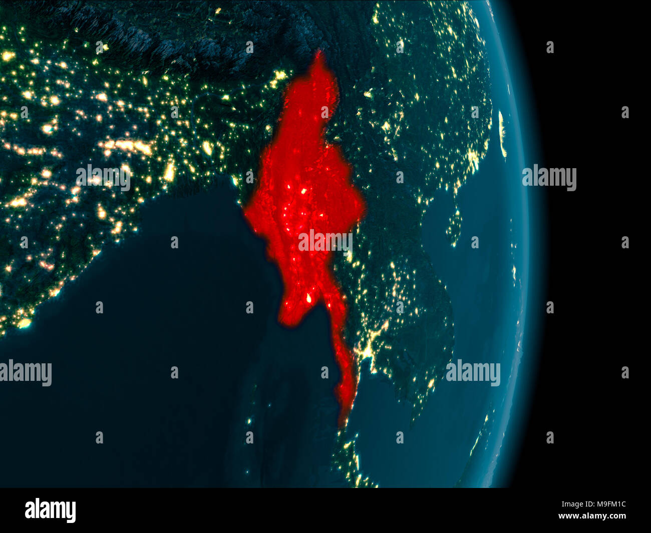 Illustration of Myanmar as seen from Earth’s orbit at night. 3D ...