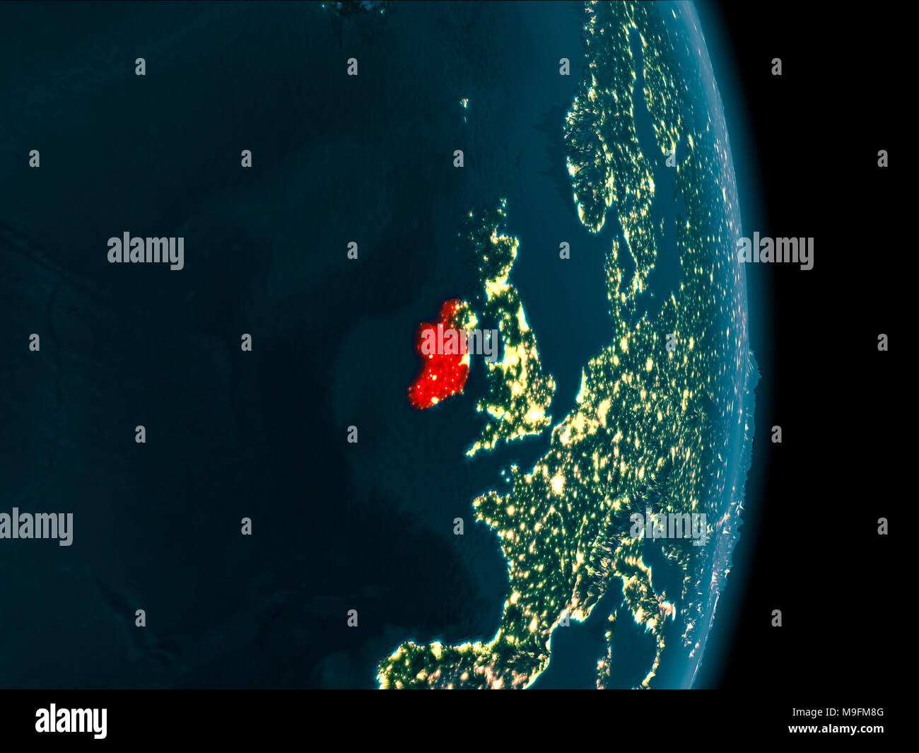 Illustration of Ireland as seen from Earth’s orbit at night. 3D ...