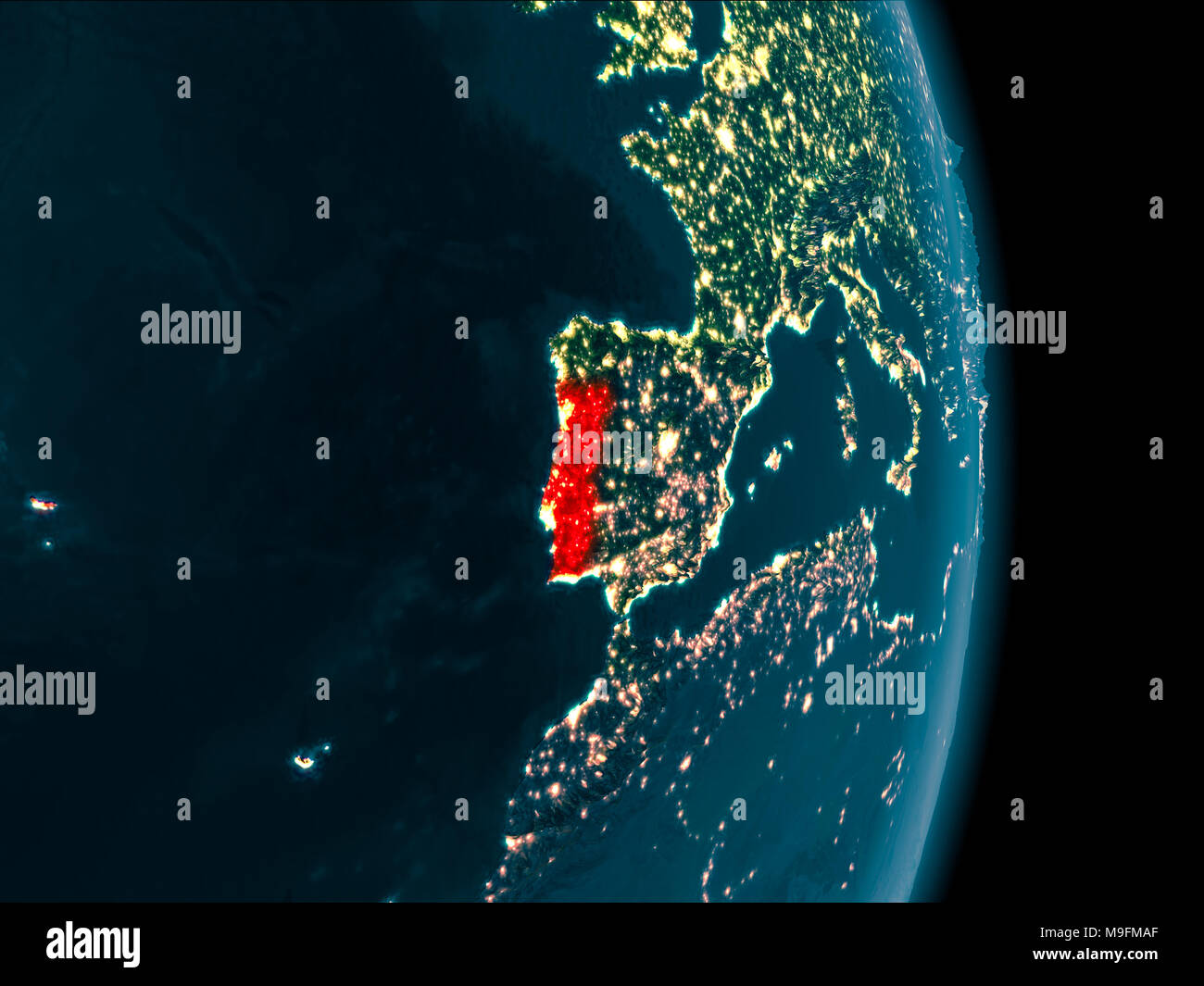 Illustration of Portugal as seen from Earth’s orbit at night. 3D ...