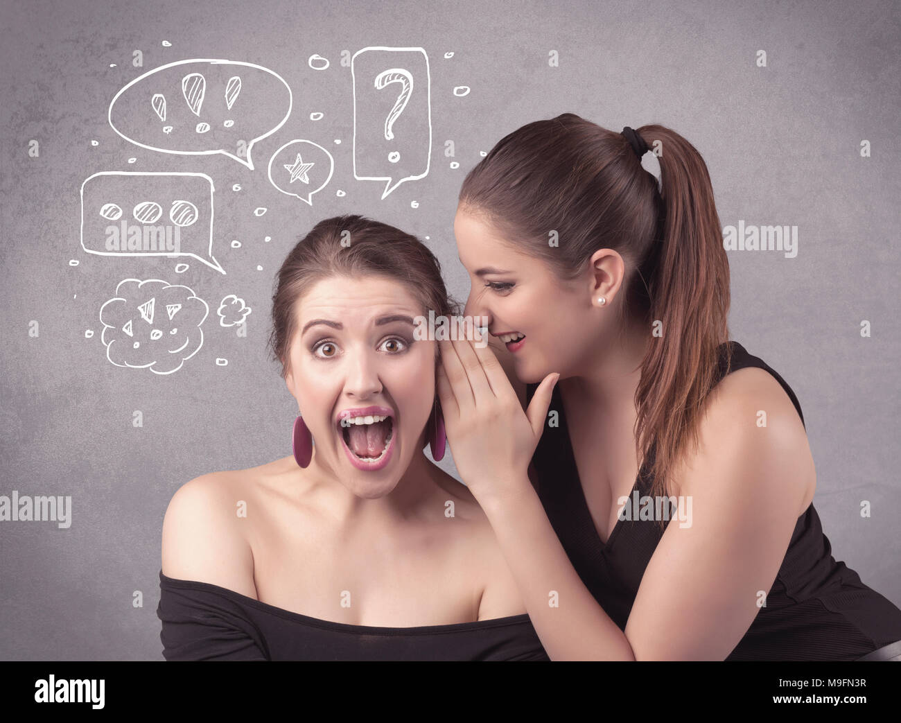 Two girls chatting and sharing their secrets concept with drawn chat ...